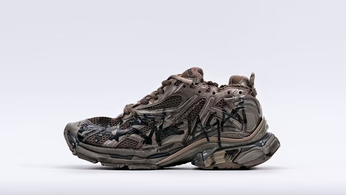 Balenciaga Brown Graffiti Runner Sneakers in Mesh & Nylon REPS - PeakHook